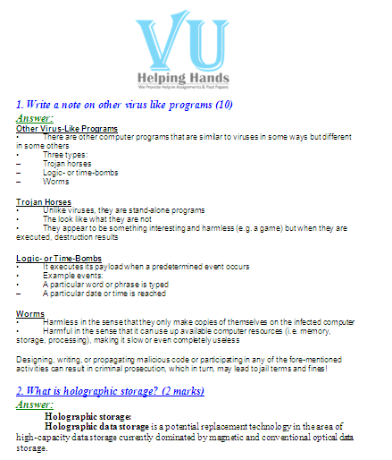 CS101 Solved Short and Long Questions for Exam - VU Helping Hands CS101 Solved Short and Long Questions for Exam - VU Helping Hands