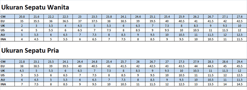 Size Chart Sepatu Dewasa Dyan Shoop