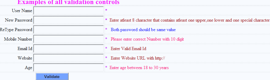 Validation Controls in ASP.NET | MY.NET Tutorials