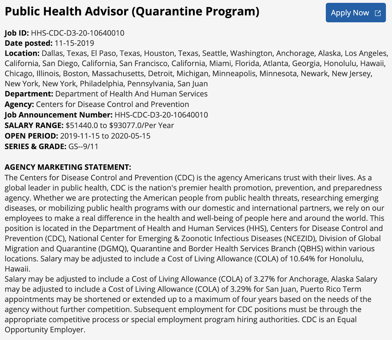 CDC began hiring for Public Health Advisor (Quarantine Program) for ...