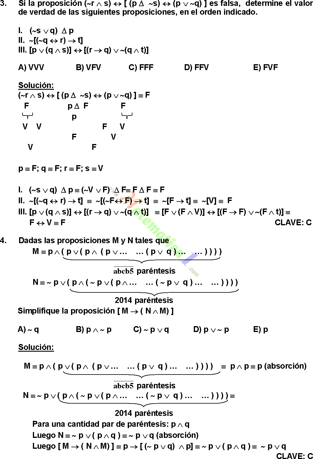 LÓGICA PROPOSICIONAL EJERCICIOS RESUELTOS DE NIVEL PREUNIVERSITARIO PDF
