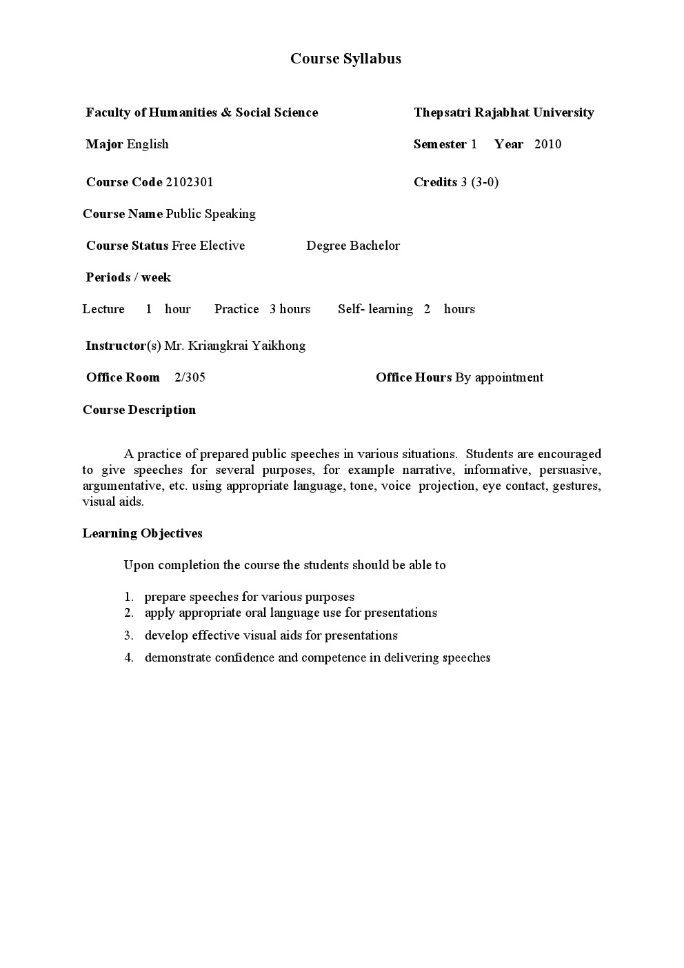 Public Speaking Class: Course Syllabus