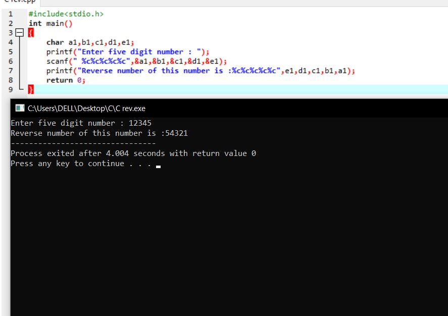 Five Digit Number Input Through Keyboard Using C Program To Reverse The Number