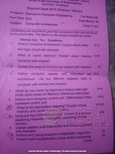 Computer Architecture 4th Semester Questions Papers Ctevt Diploma In Computer Engineering It