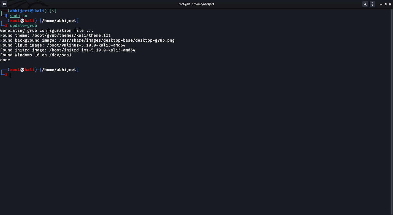 Update Grub Boot Loader using Kali Linux 2021.1 in dual boot mode and ...