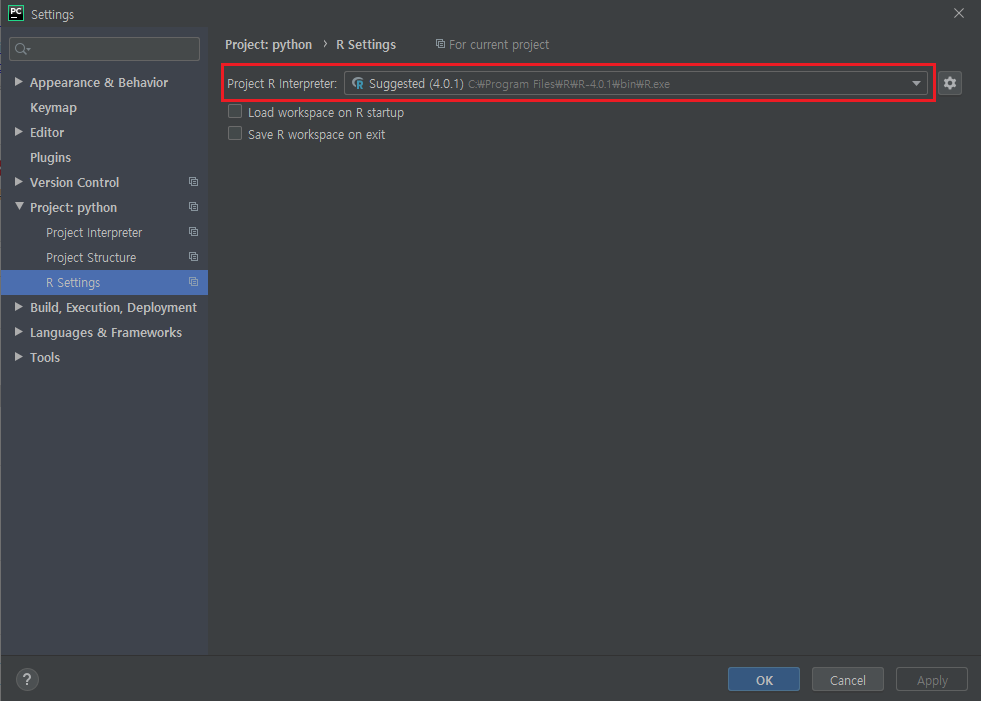 파이썬과 주식 이야기: 파이썬 PyCharm No R interpreter selected 오류 발생 시