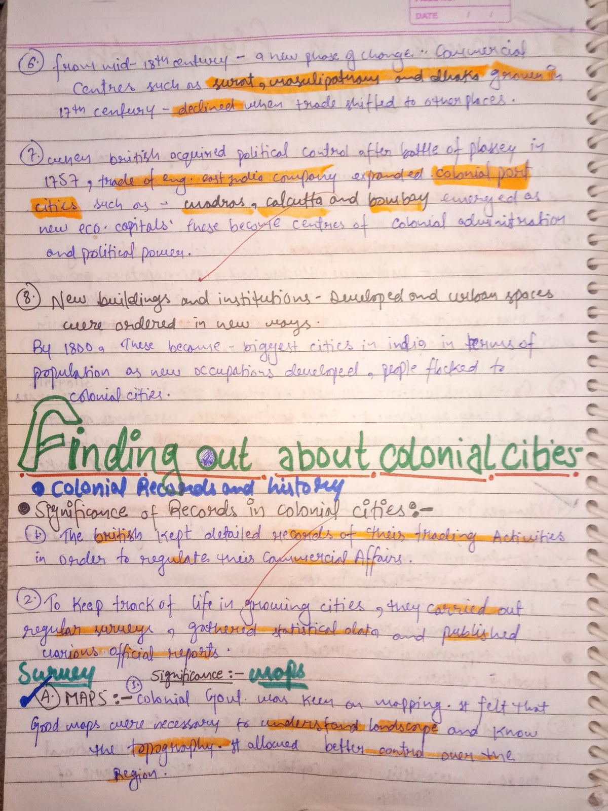Handwritten Notes of COLONIAL CITIES - History - Class 12th - 'Humanities'