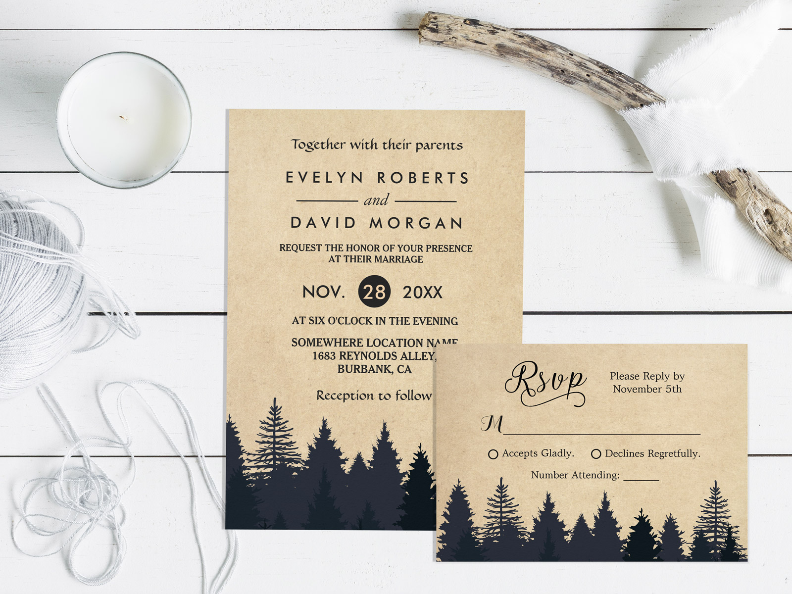 Rustic Kraft Pine Trees Wedding Invitation Suite | Mimoprints
