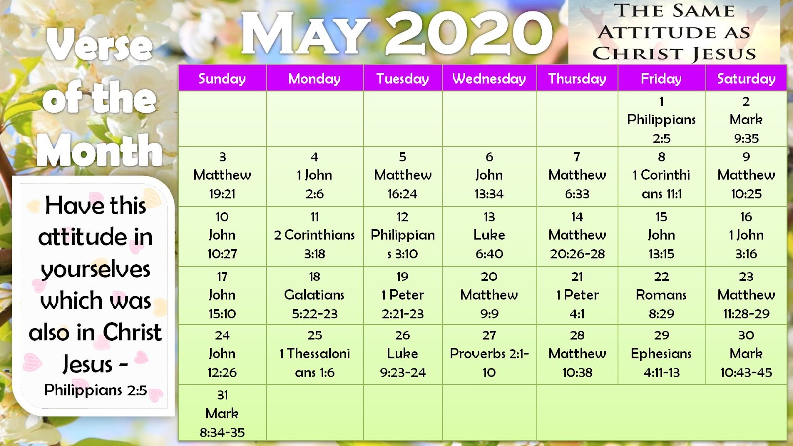 Daily Verses Calendar - MAY 2020 - Printable Version