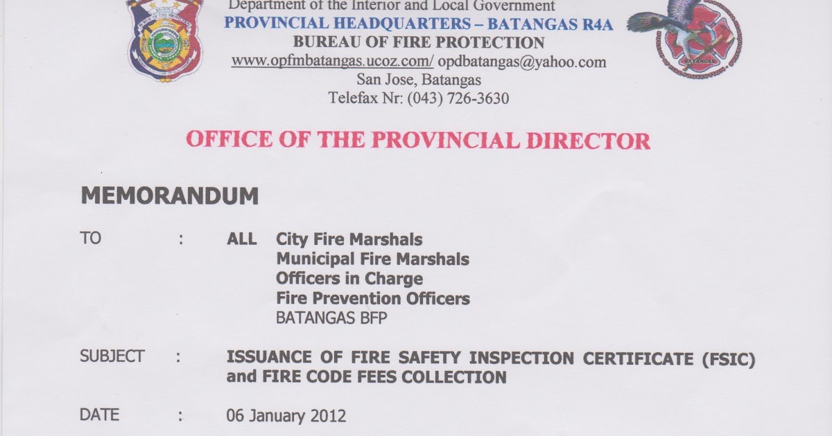 OPD-BATANGAS ARCHIVES: Issuance of FSIC and Fire Code Fees Collection