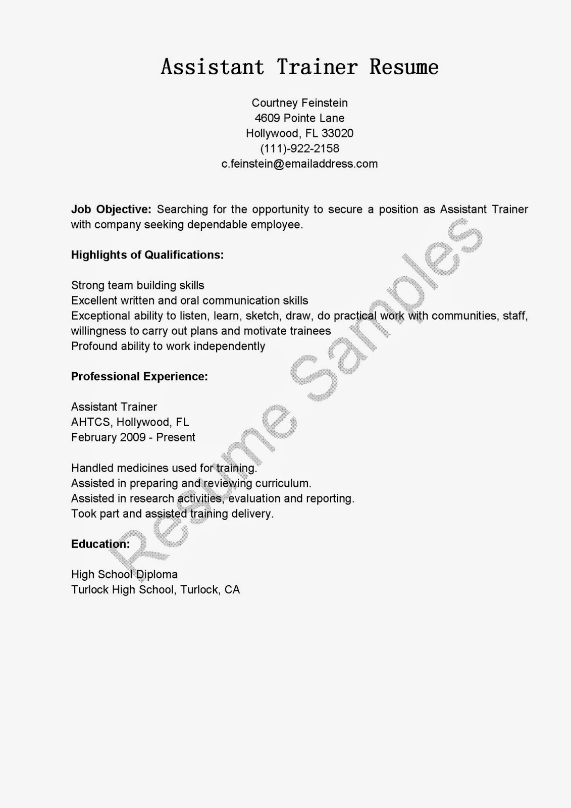 Resume Samples: Assistant Trainer Resume Sample
