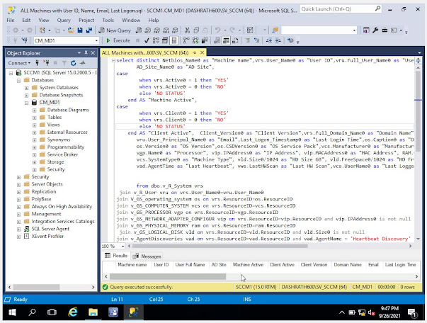 SCCM SQL query to get machines with user id, name, email, last logon