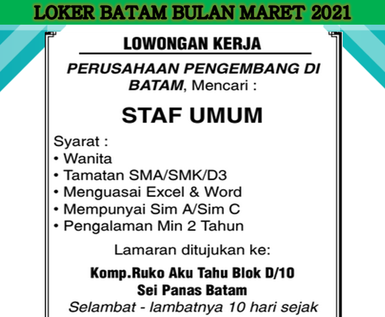 Lowongan Kerja Staff Umum (Khusus Wanita) - Lowongan Kerja Batam 2022