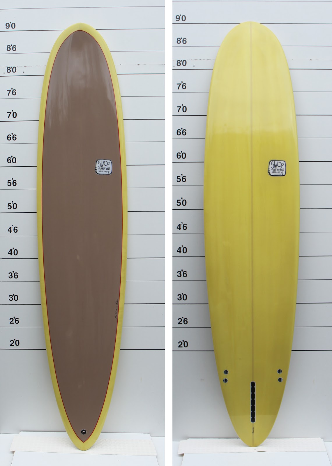 swop surfboards: BROWN AND YELLOW LONGBOARD