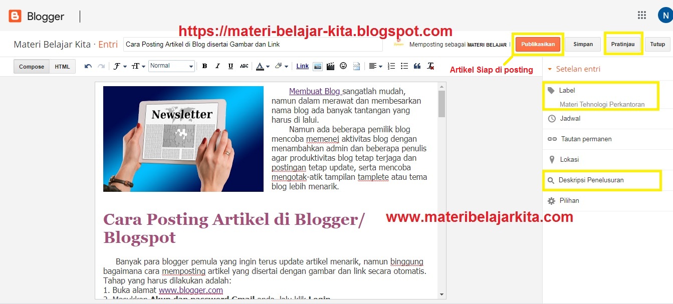 Cara Posting Artikel di Blog disertai Gambar dan Link - Materi Belajar Kita