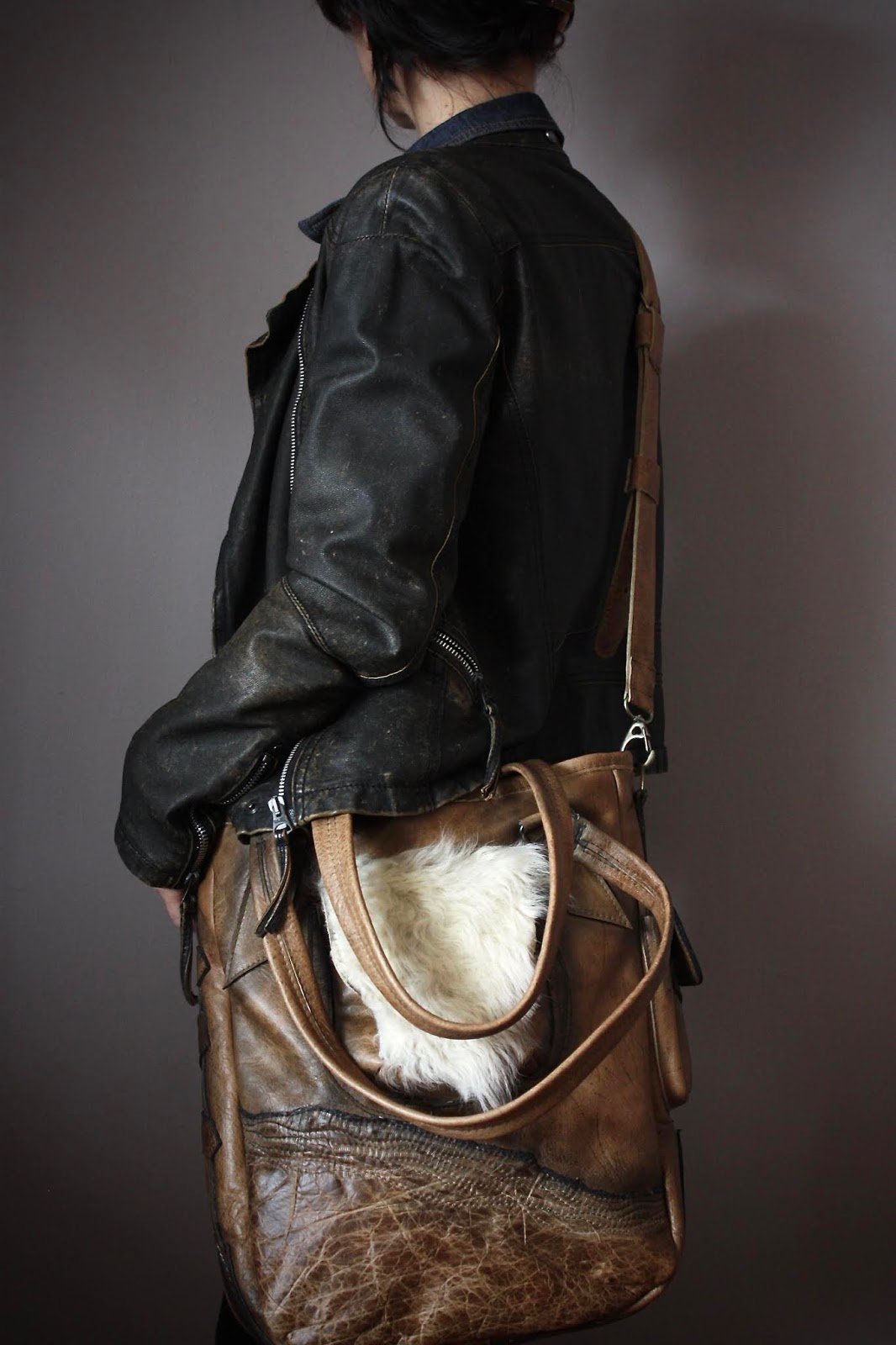 Laboratory of Fashion: Distressed leather shoulder bag with sheepskin ...