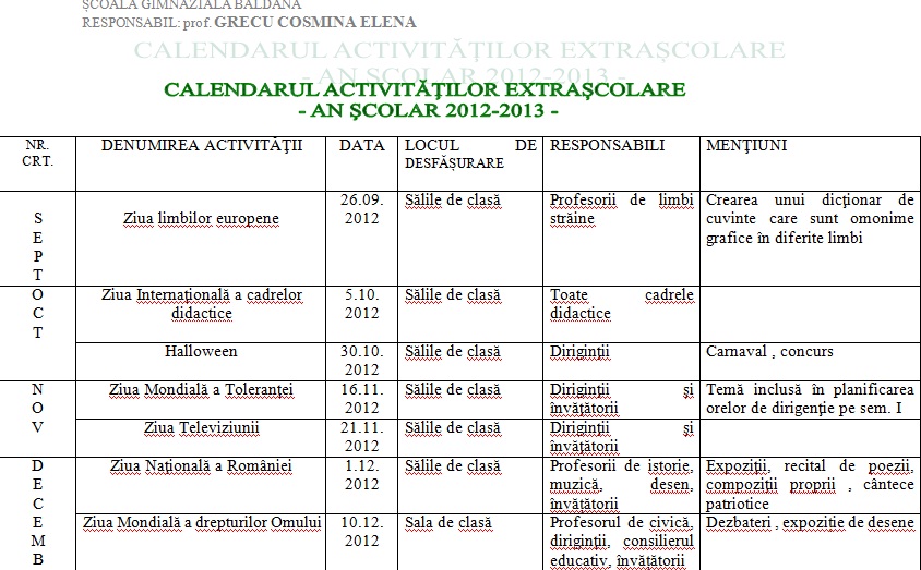 Un vis împlinit...: Calendarul activităților extracurriculare an școlar ...