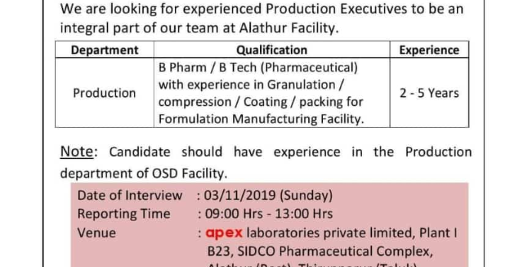 UDYOG ADDA: WALK IN INTERVIEW @ APEX LABORATORIES PRIVATE LIMITED 03/11/2019