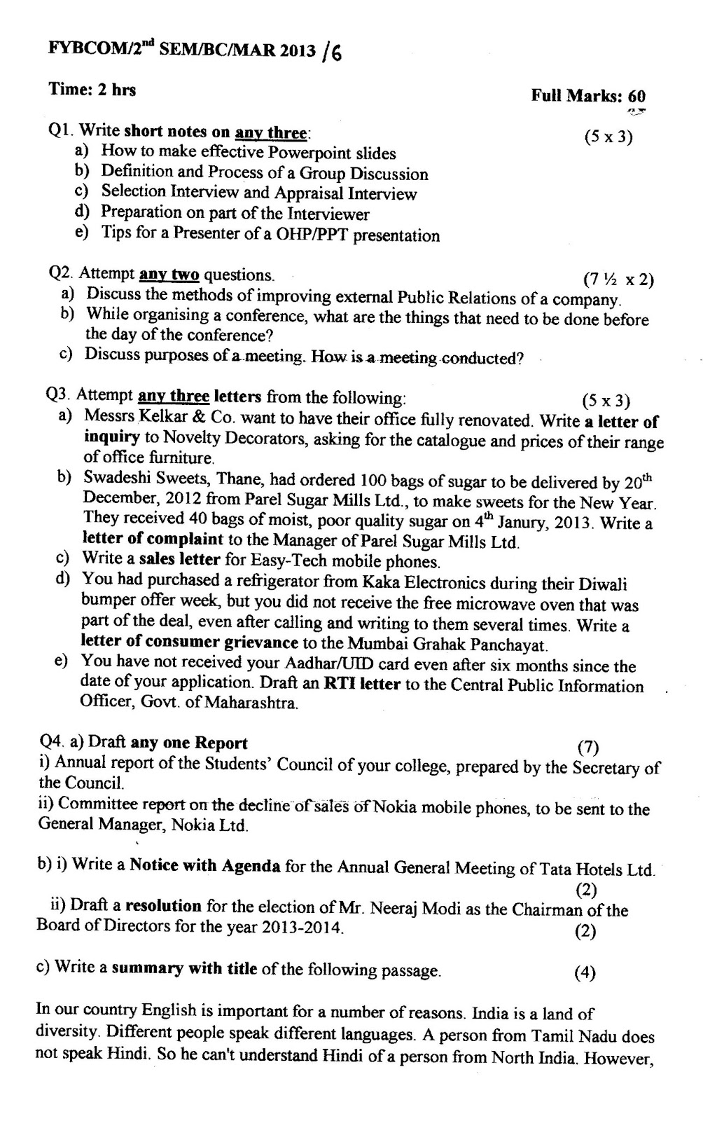 Question Papers Collection: BC (FYBCOM)