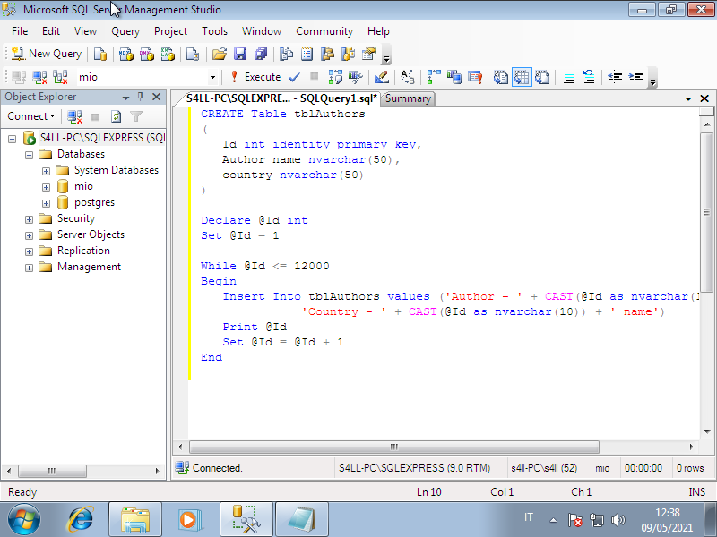 Sql Server Administration . How to create a big table with script t-sql.
