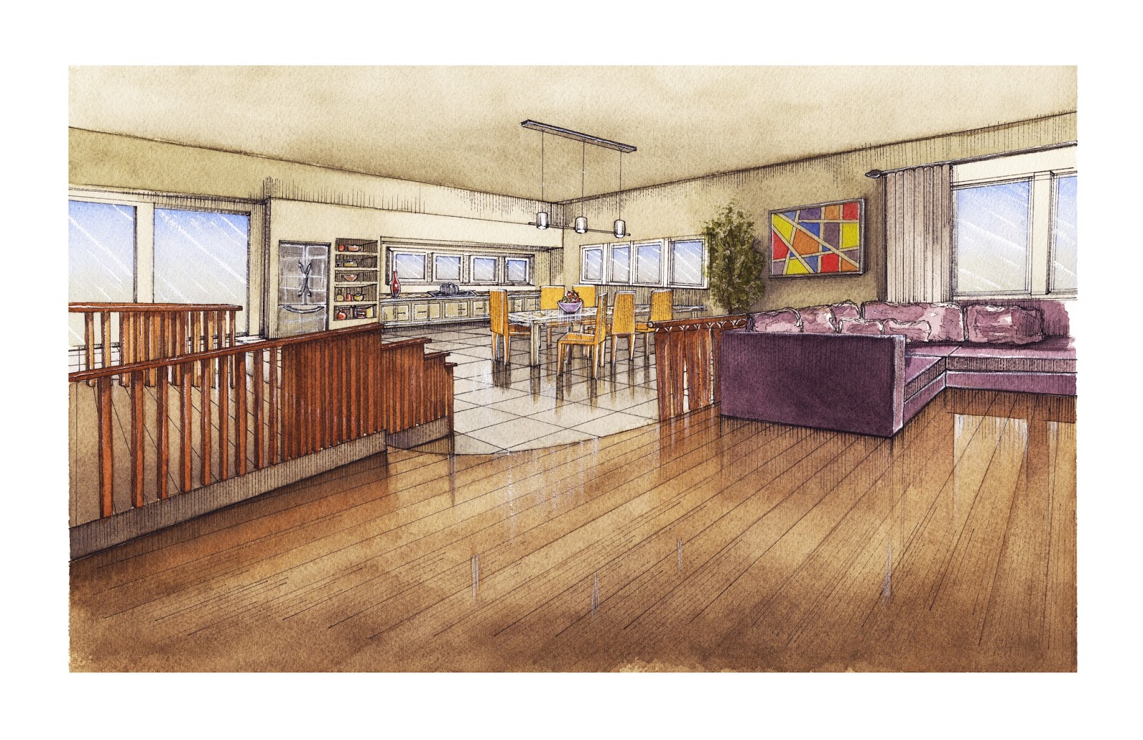 Interior Design & 3D Modeling: Interior illustration with ink & watercolor