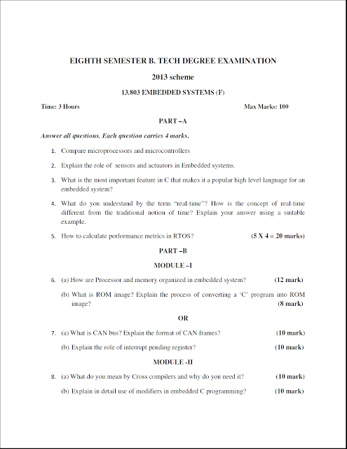 Kerala University B.Tech Embedded Systems (F) 2016 Question Paper ...