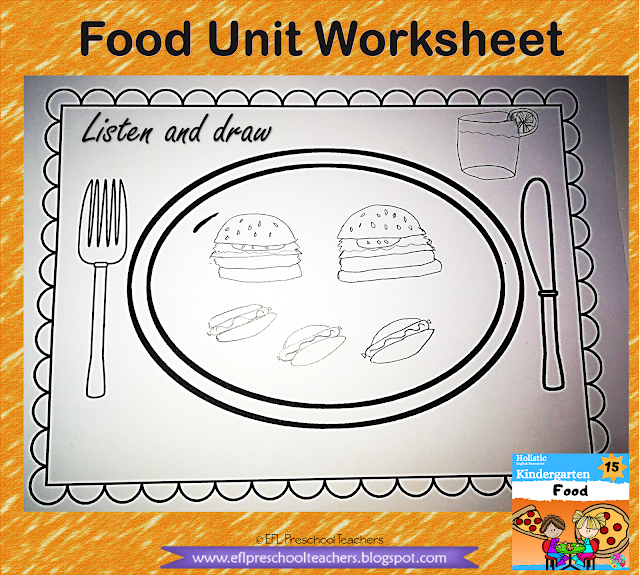 ESL/EFL Preschool Teachers: Food Unit Worksheets for Kindergarten ELL