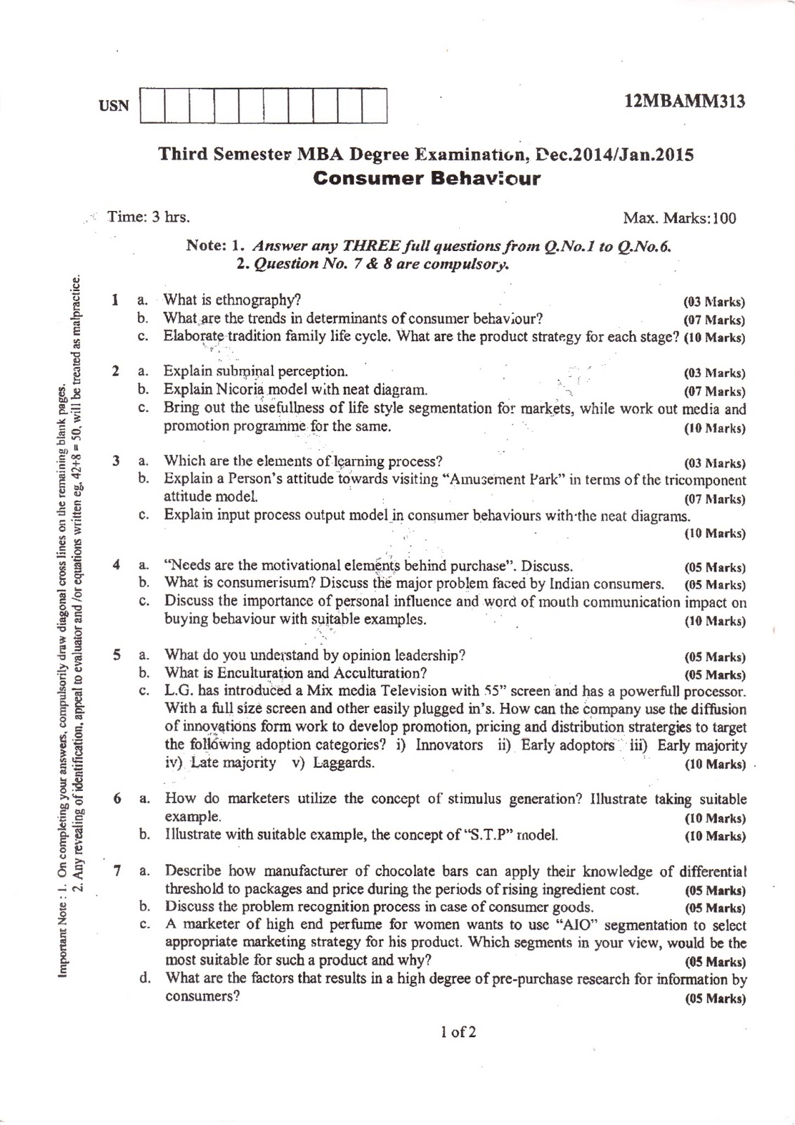 AR VTU MBA E-NOTES: VTU MBA 3rd sem question papers Consumer Behavior