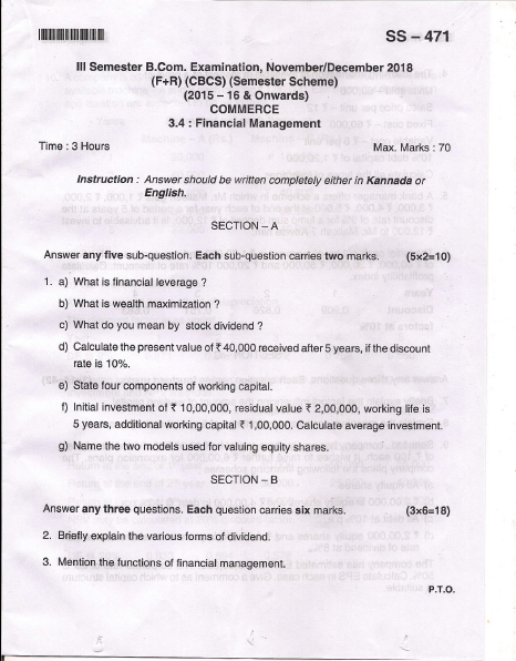 Bangalore University B.Com. COMMERCE 3.4 : FINANCIAL MANAGEMENT November/December 2018 Question ...