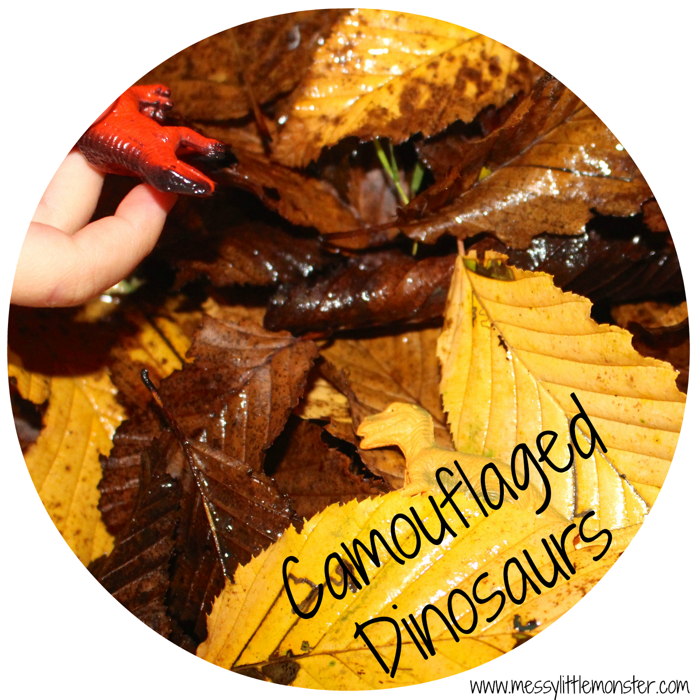 Camouflaged Dinosaurs in Autumn Leaves - Messy Little Monster