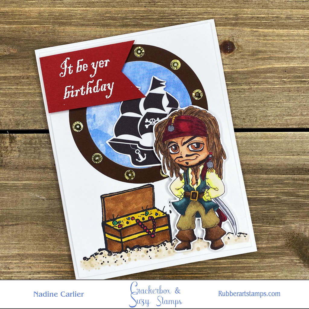 Birthday Pirate Card using Crackerbox & Suzy Stamps ~ Nadine Carlier