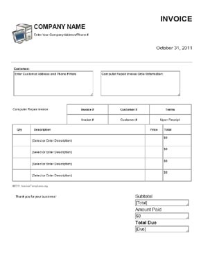 Computer Repair Invoice Template - Invoice Template