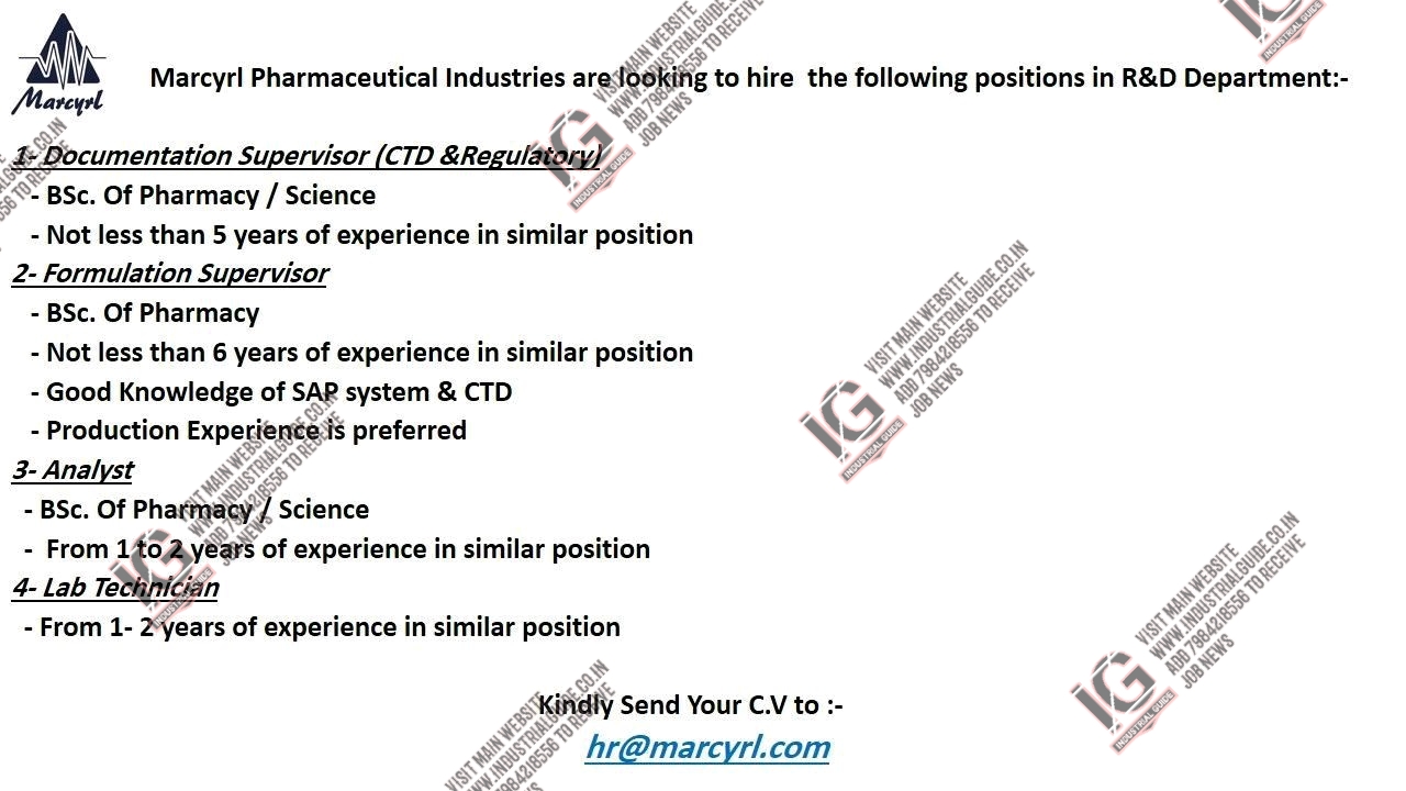 Marcyrl pharmaceutical Documentation Formulation Analyst Lab ...