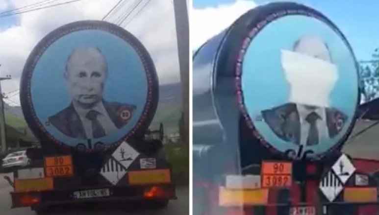 Two trucks with Vladimir Putin's pictures on the streets of Peja ...
