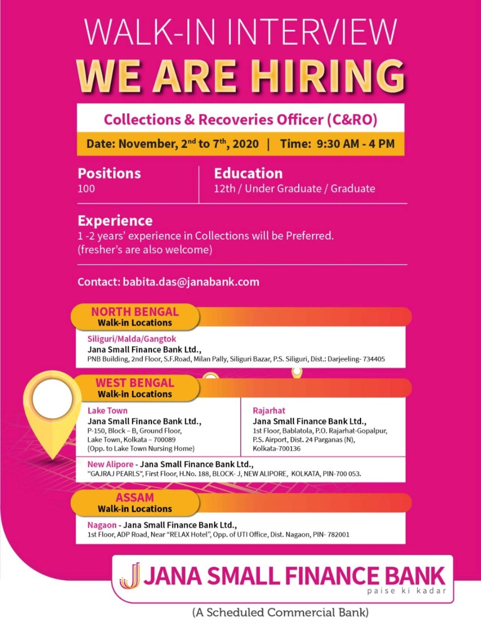 100 Openings @ Jana Small Finance Bank - Walk-In Interviews for 12th ...