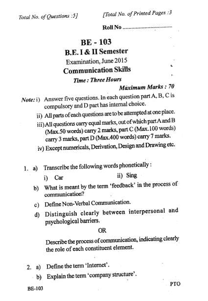 RGPV BE QUESTION PAPER of BE-103 Communication Skills June 2015 ...