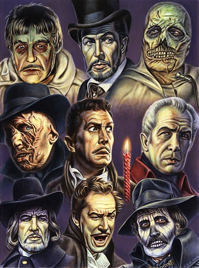 Monstros clássicos do terror em pôster, bustos e estatuetas.