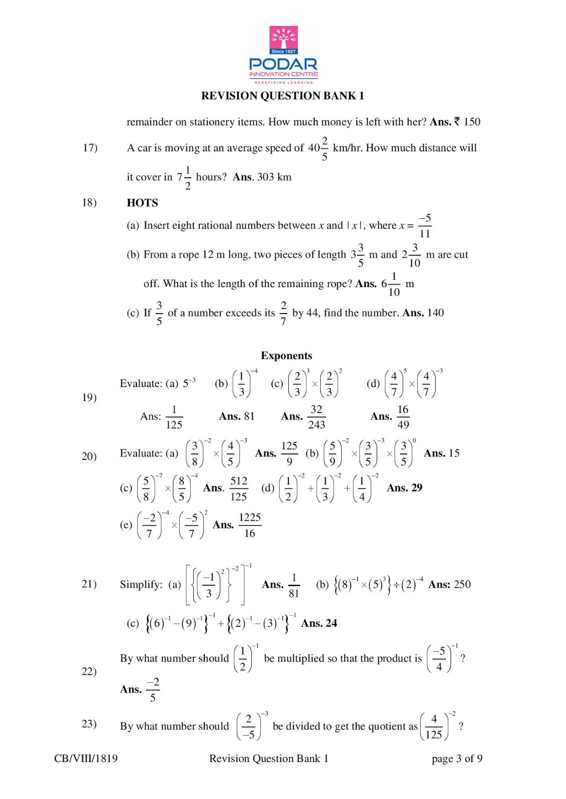 Math Revision Question bank 1 Answer Scheme