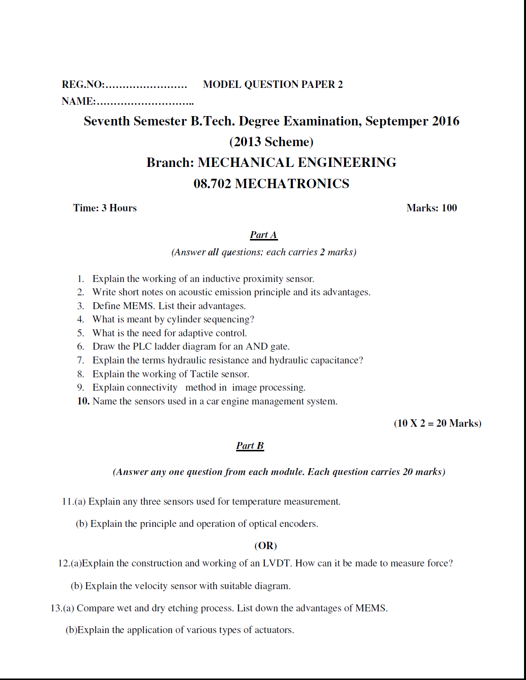 Kerala University B Tech Mechatronics Septemper 2016 Question Paper ...