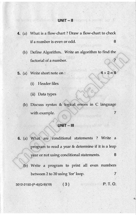 Programming For Problem Solving Question Paper Btech 1st Year December 2019