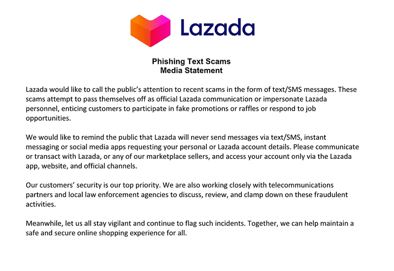 Lazada addresses Phishing Text Scams with emphasis on prioritizing ...