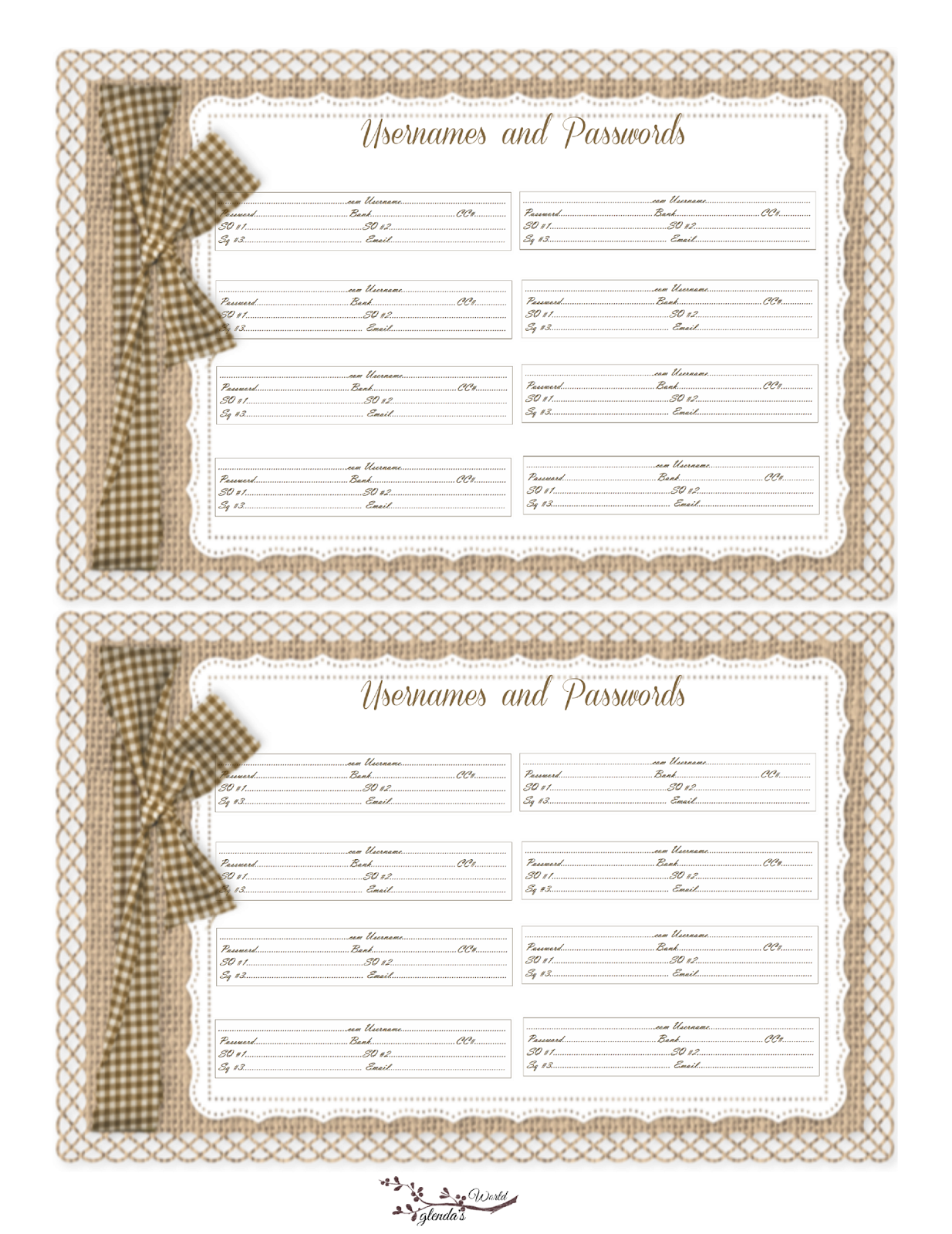 Welcome: Burlap 4x6 Username & Password Cards