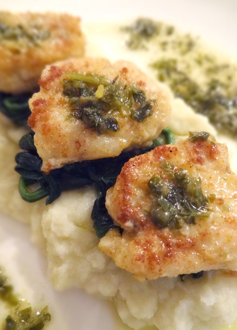 Scrumpdillyicious: Monkfish with Cauliflower Purée & Wilted Spinach