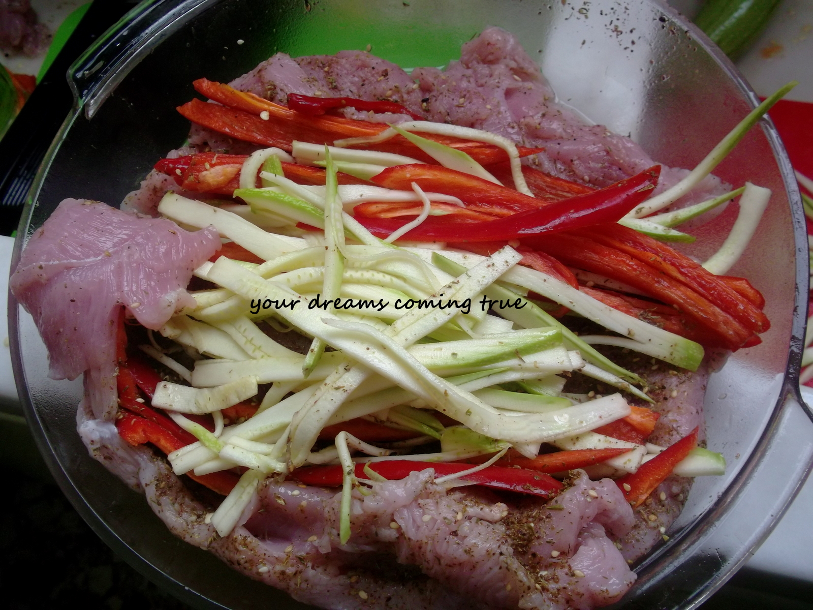 Julienne Cut Red Sweet Peppers And Zucchini Stuffed Fillet Of Turkey.