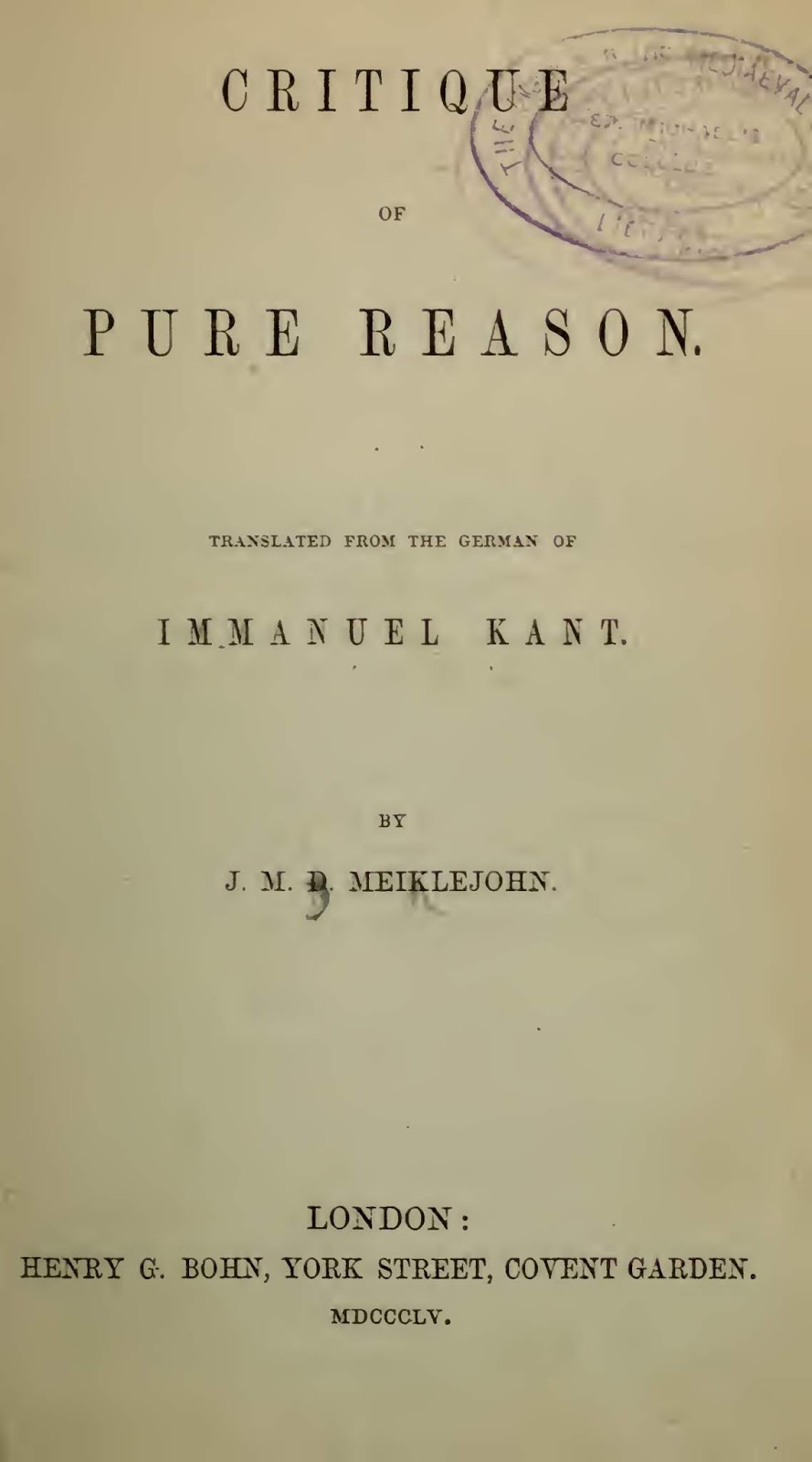 Critique of Pure Reason (Meiklejohn)