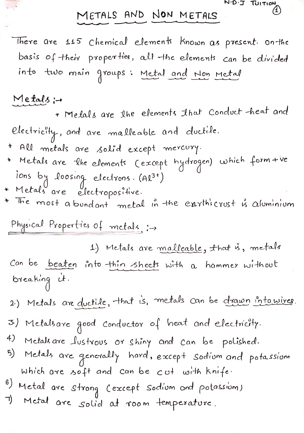 Metal and Non Metal Handwritten Notes for 10th Class