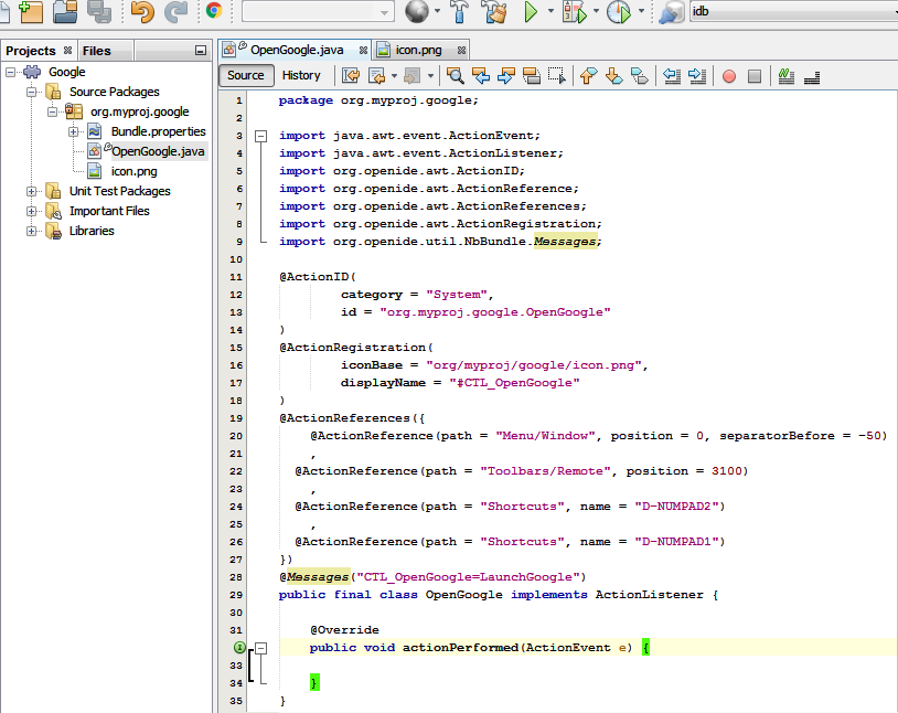 Create Menu and Toolbar Button in NetBeans IDE
