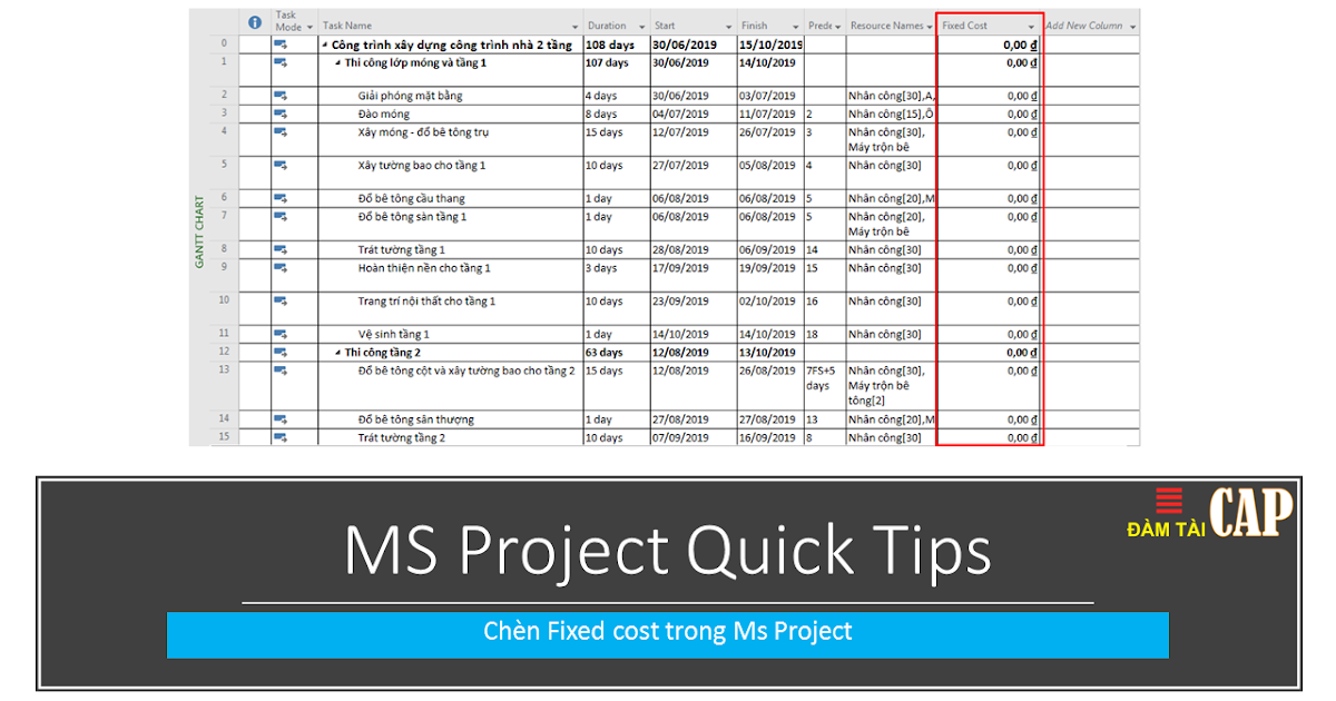 MS Project Quick Tips: Chèn Fixed cost trong Ms Project ~ ĐÀM TÀI CAP