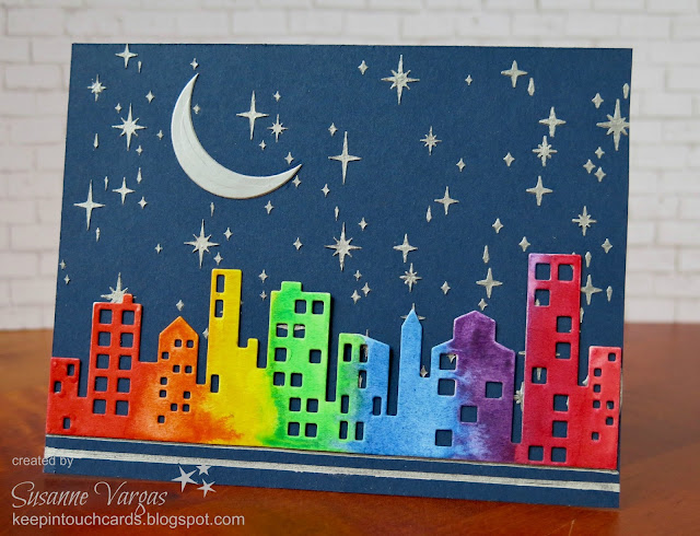 Keep in Touch Cards: Rainbow Cityscape with Starry Sky